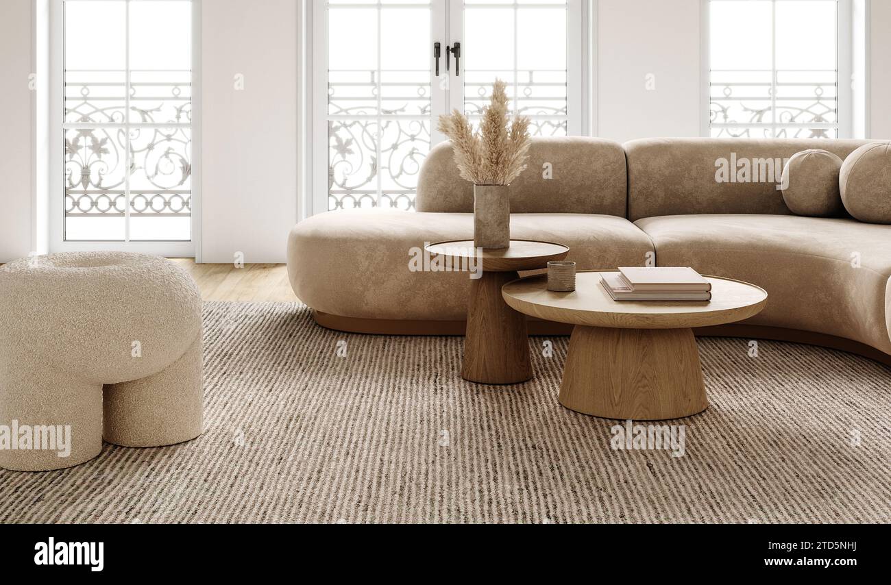 Bright boho scandinavian living room with large windows and minimalist ...