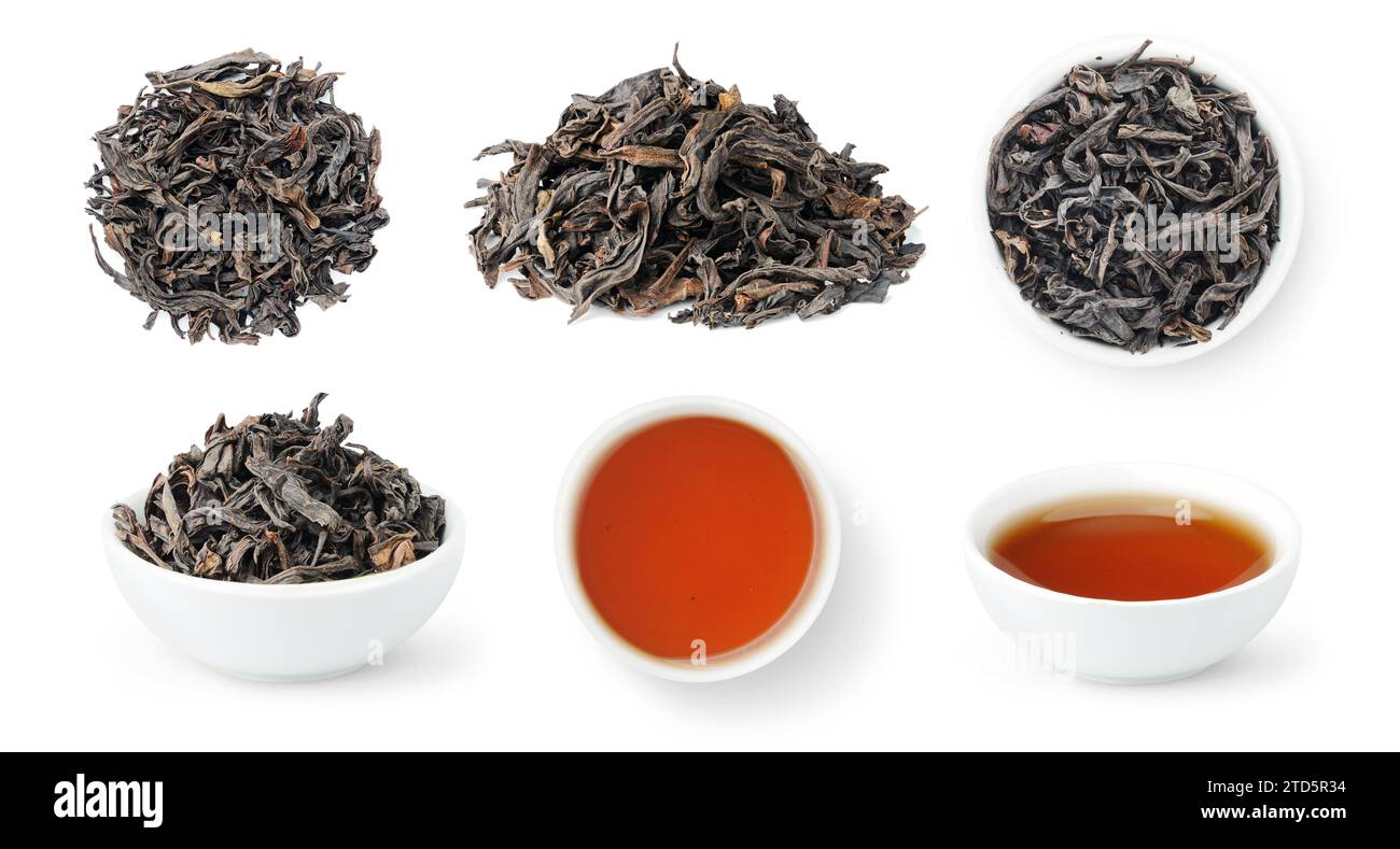 Wu Yi Rou Gui, Cinnamon Oolong, collection of loose leaves and bowls of ...