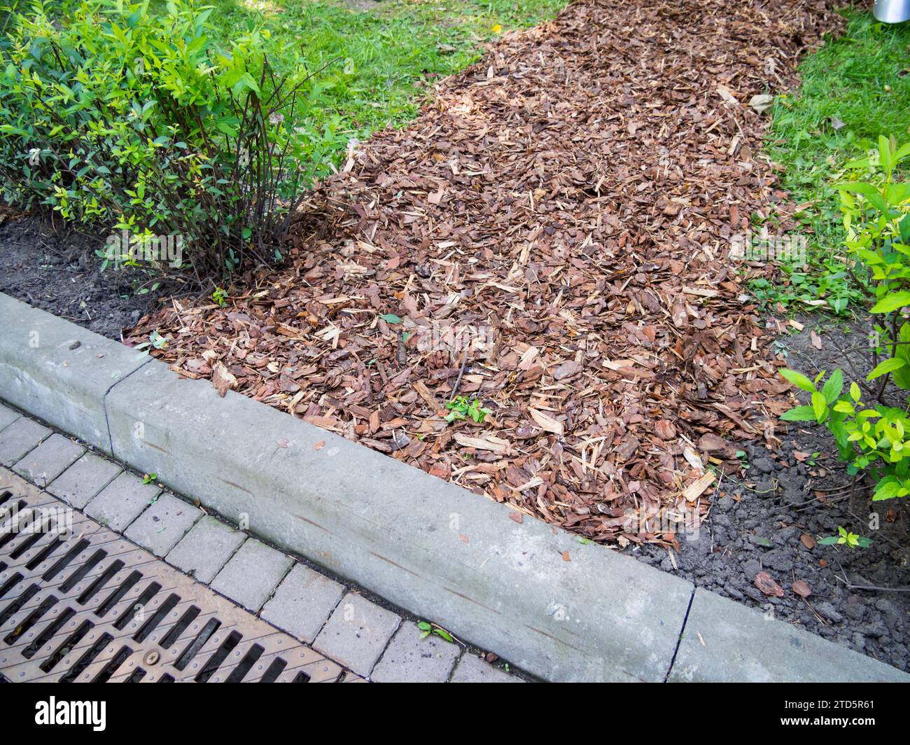 Beginning of the walking path made of tree bark Stock Photo - Alamy