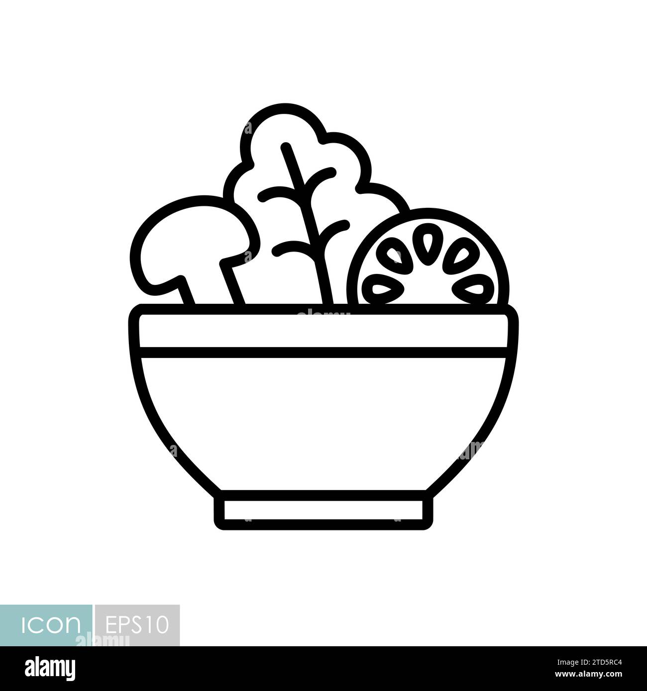 Salad bowl, green salad with tomato, mushrooms vector icon. Graph ...