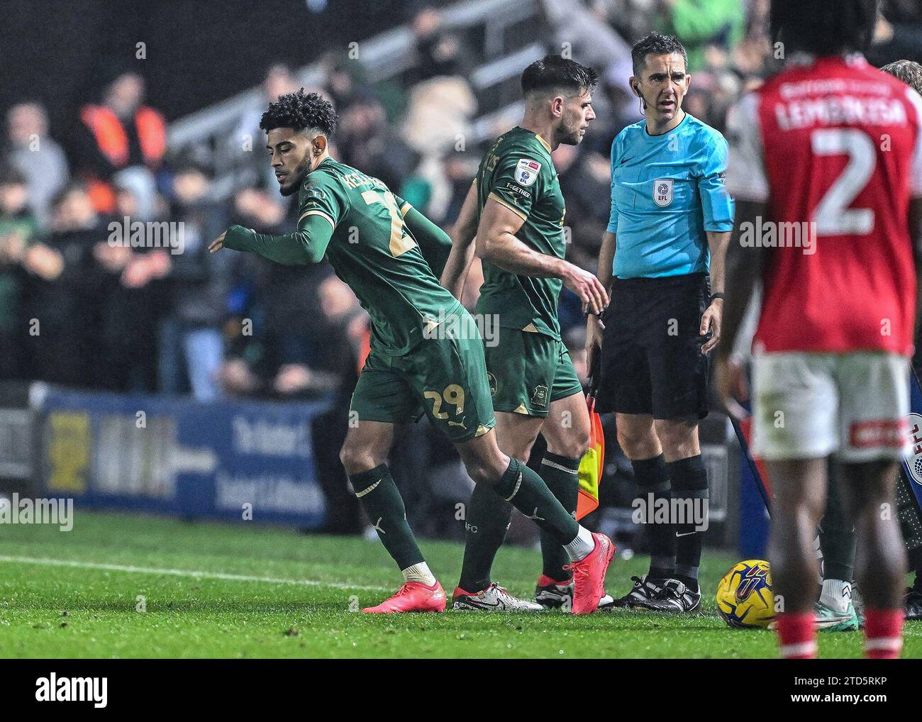 Joe Edwards #8 of Plymouth Argyle is substituted off for Kaine Kesler Hayden #29 of Plymouth ...