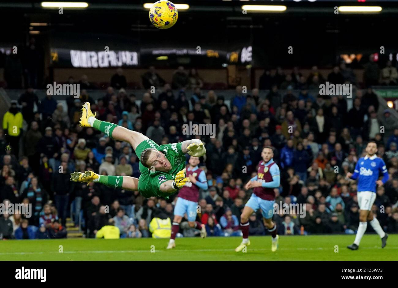 Everton goalkeeper Jordan Pickford makes a save during the Premier ...