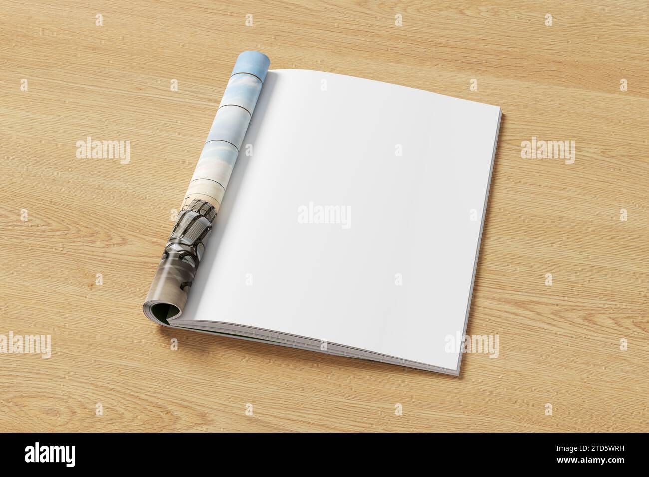 Magazine right-hand page mockup on wooden background. 3d illustration ...