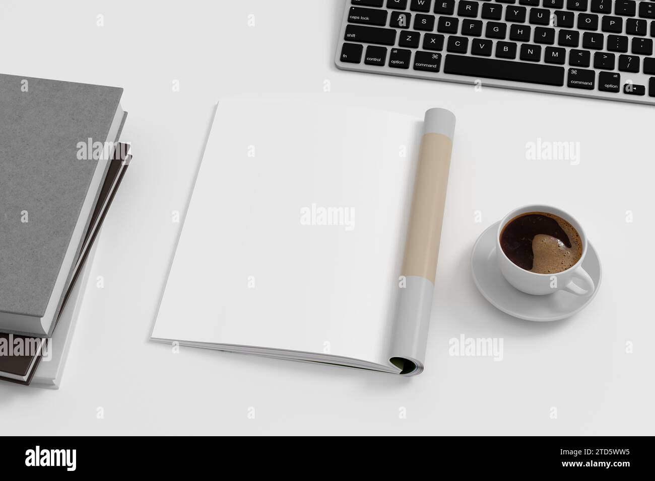 Magazine left-hand page mockup on white workplace desk. 3d illustration ...
