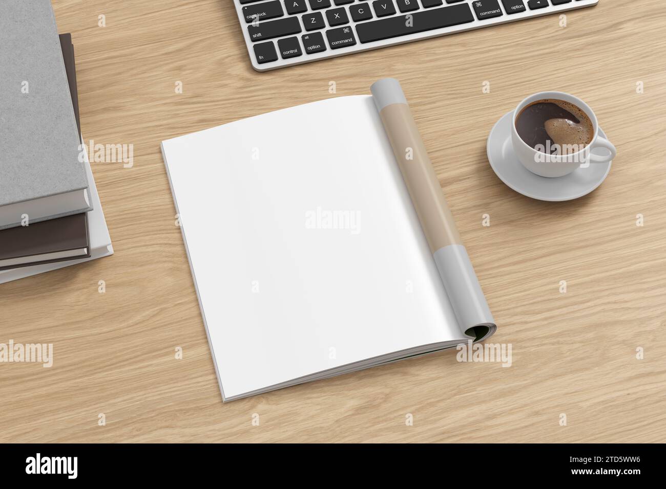Magazine left-hand page mockup on wooden workplace desk. 3d ...