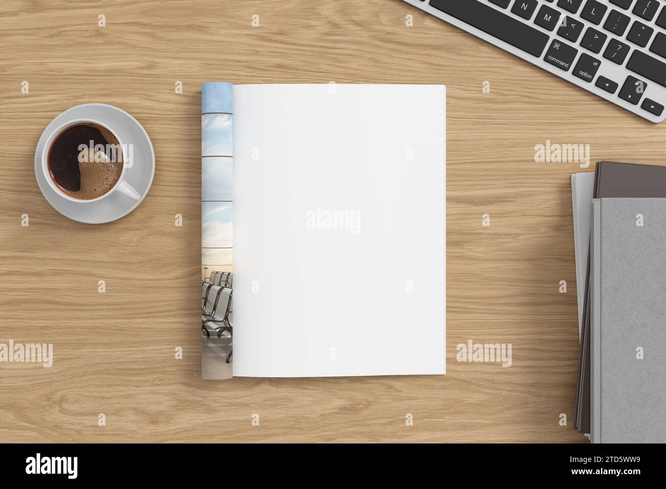 Magazine right-hand page mockup on wooden workplace desk. 3d ...