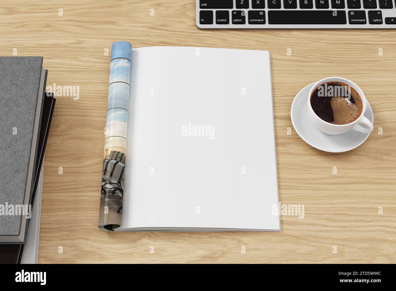 Magazine right-hand page mockup on wooden workplace desk. 3d ...