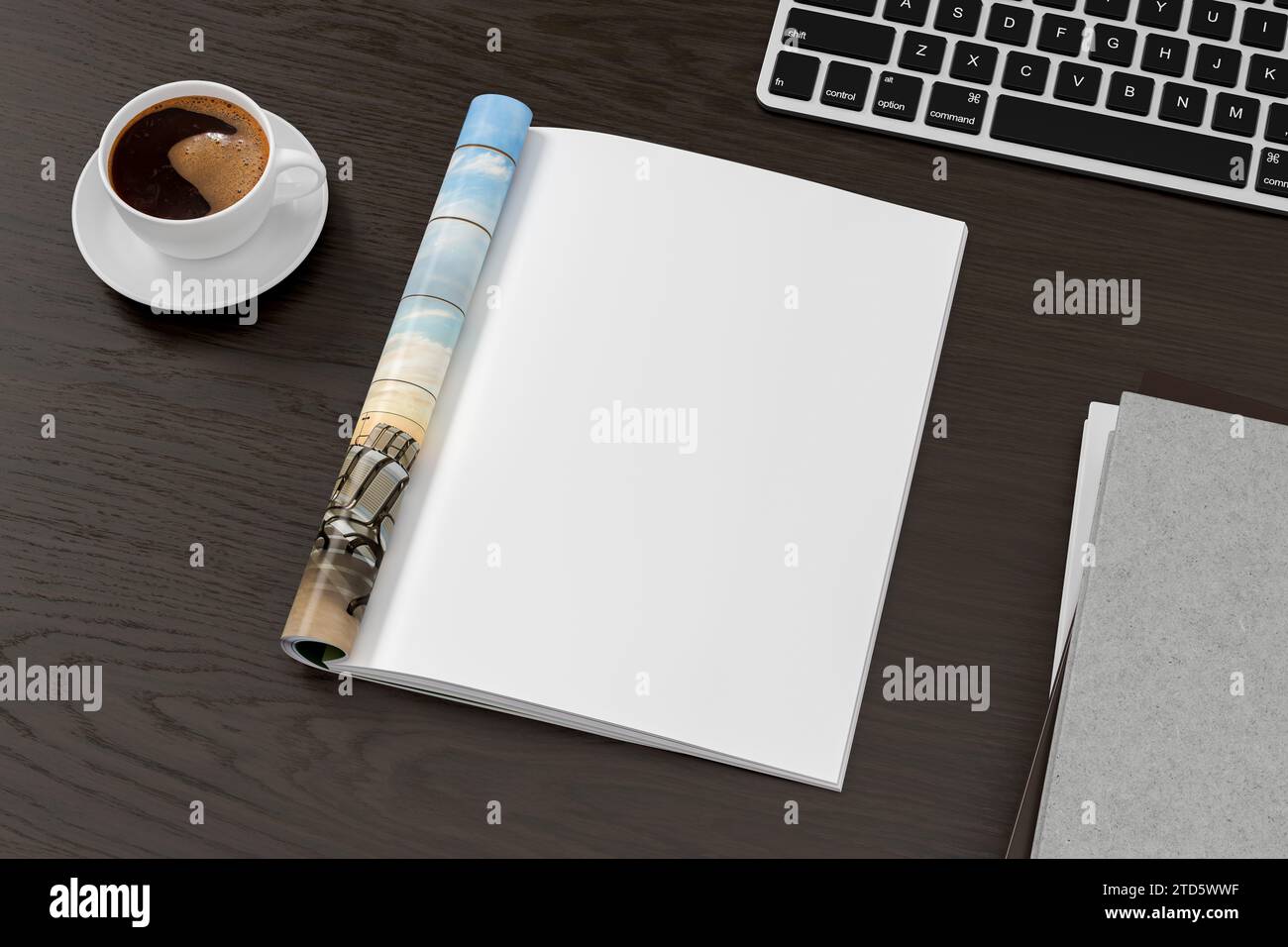 Magazine right-hand page mockup on black wooden workplace desk. 3d ...