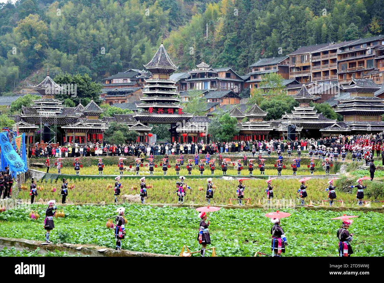 People from the Dong ethnic group are wearing costumes to celebrate the ...