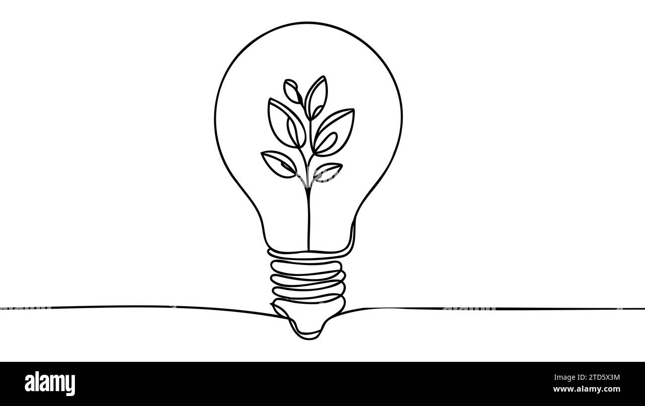 Plant inside Lightbulb in one line drawing. Creative concept of Green ...