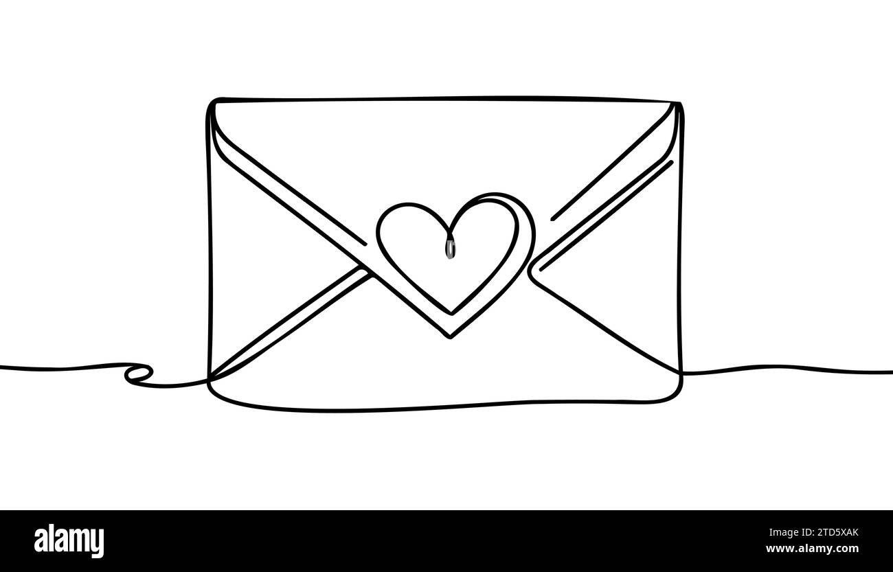 Continuous line drawing of envelope with heart. Valentine's day ...