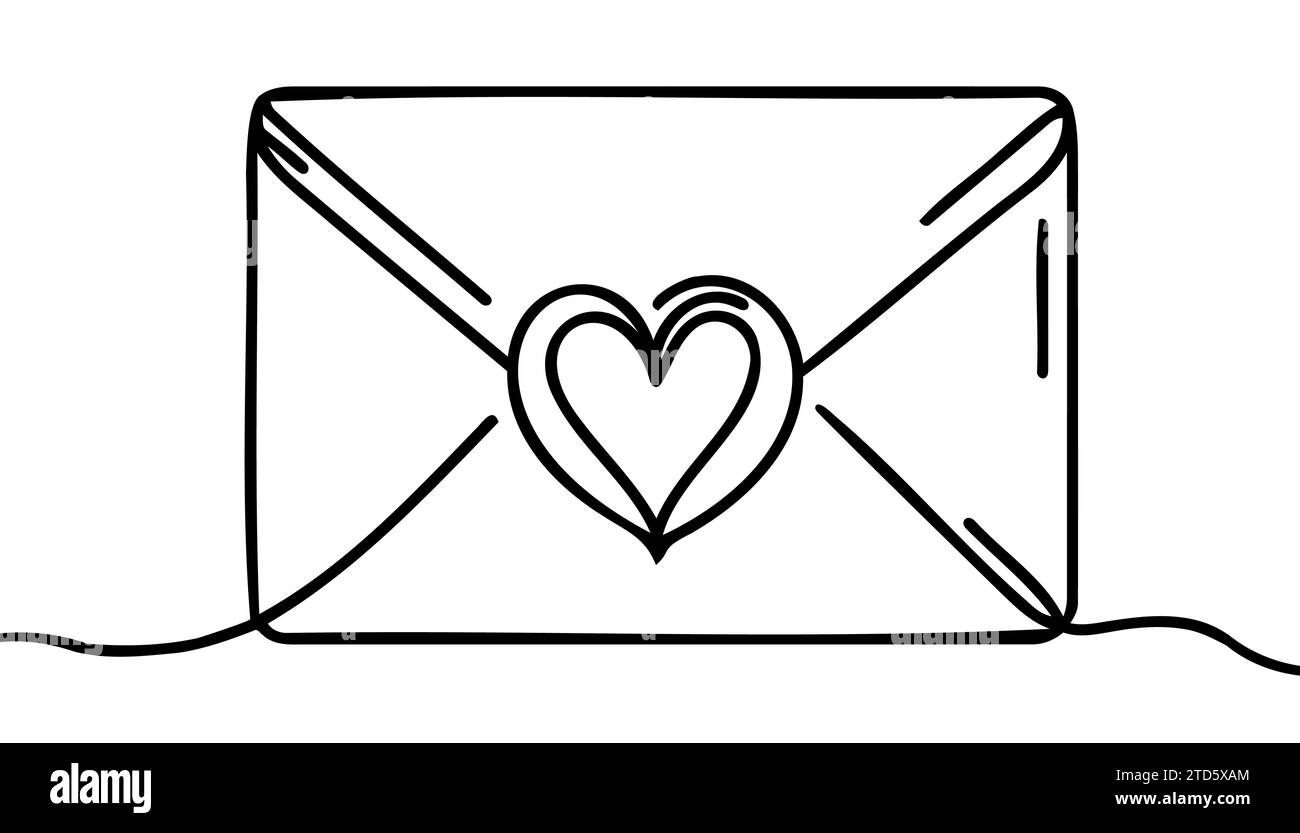 Continuous line drawing of envelope with heart. Valentine's day ...