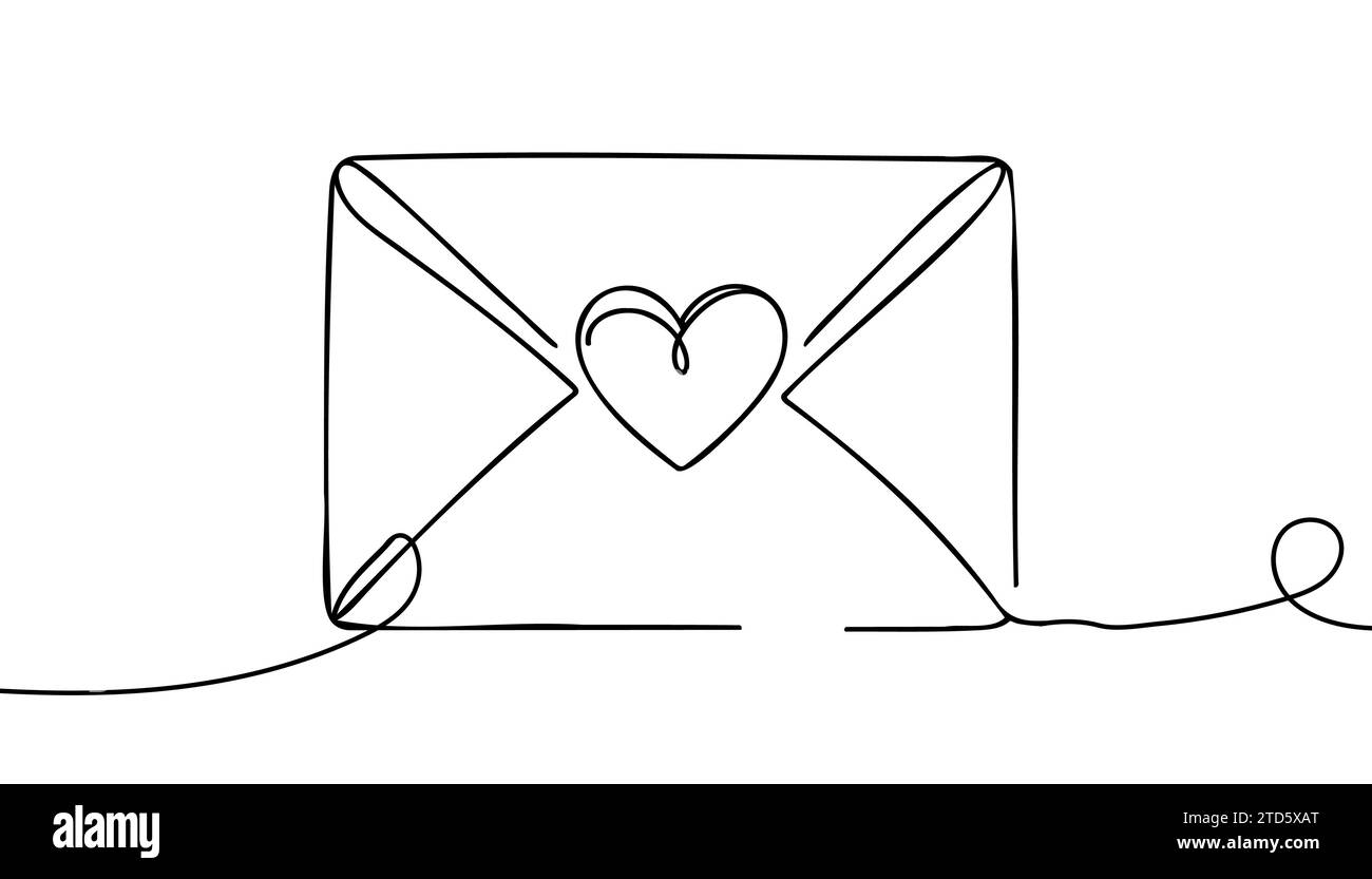 Continuous line drawing of envelope with heart. Valentine's day ...