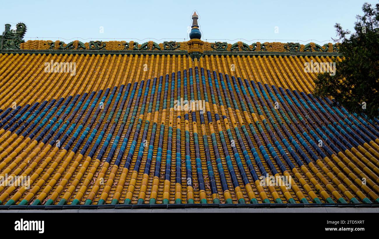 Colorful temple roof with diamond shape pattern in Fragrant Hills Park ...