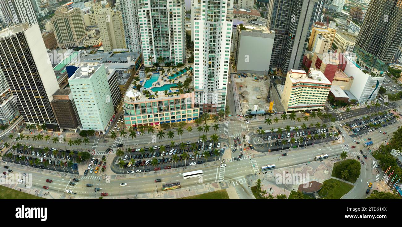 Aerial view of heavy traffic on urban street in downtown office ...