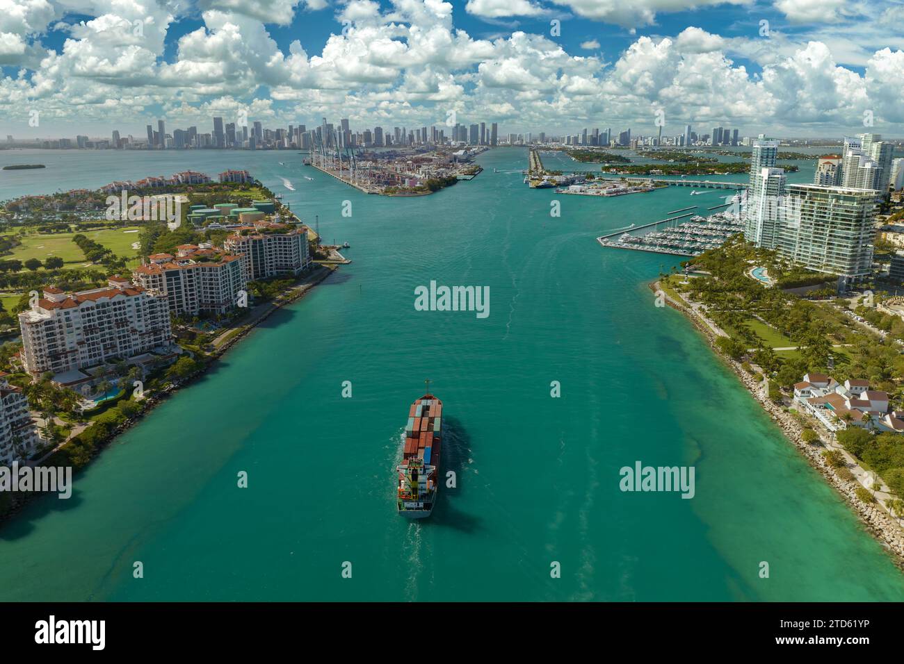 Aerial view of large container ship entering in Miami harbor main ...