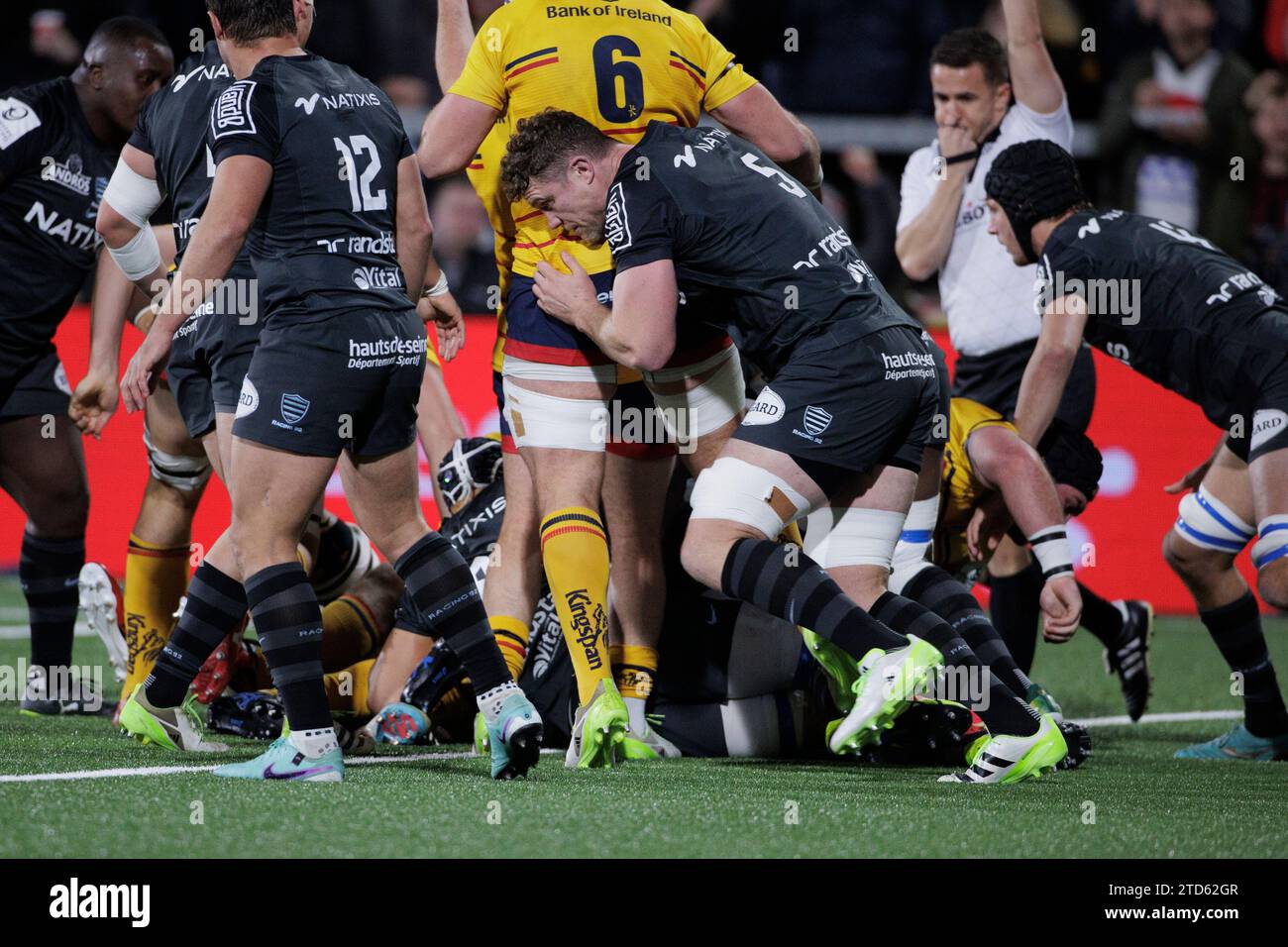Ulster's Nick Timoney (in scrum) scores their side's first try during ...
