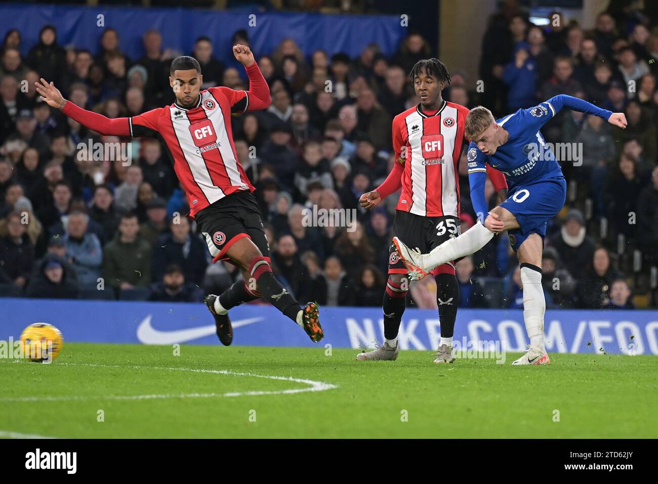 London, UK. 16th Dec, 2023. Cole Palmer of Chelsea fires a shot at goal ...