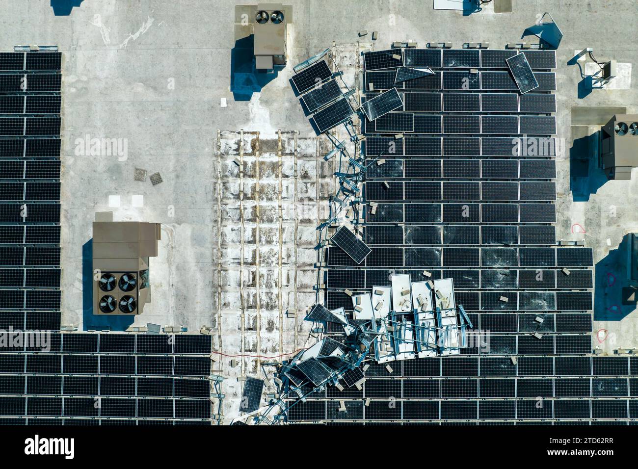 Broken down photovoltaic solar panels destroyed by hurricane Ian winds ...