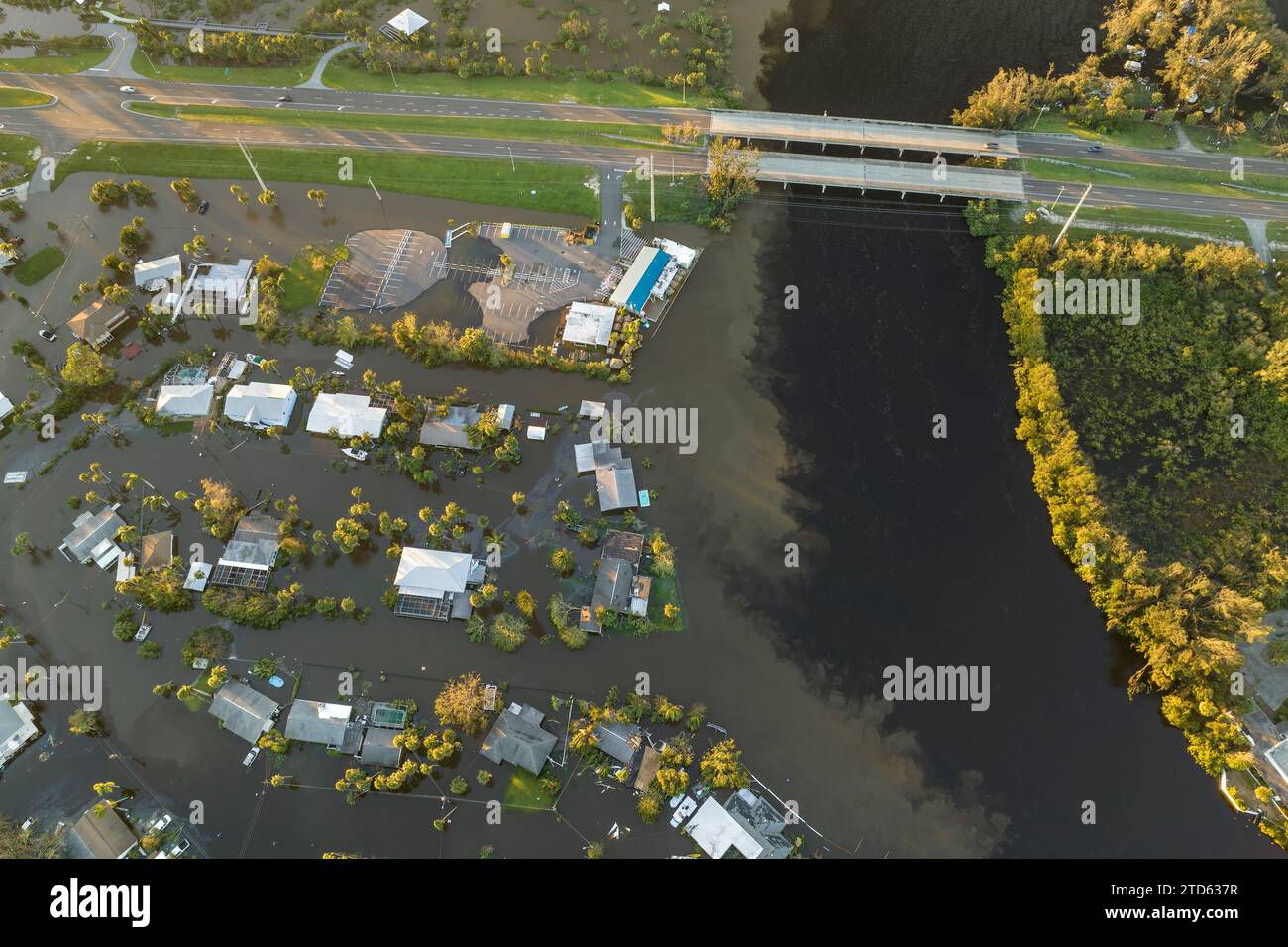 Flooded houses by hurricane Ian rainfall in Florida residential area ...