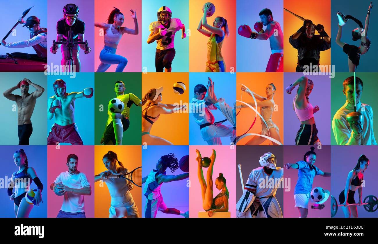 Collage. Athletic young people training, practicing different kind of ...
