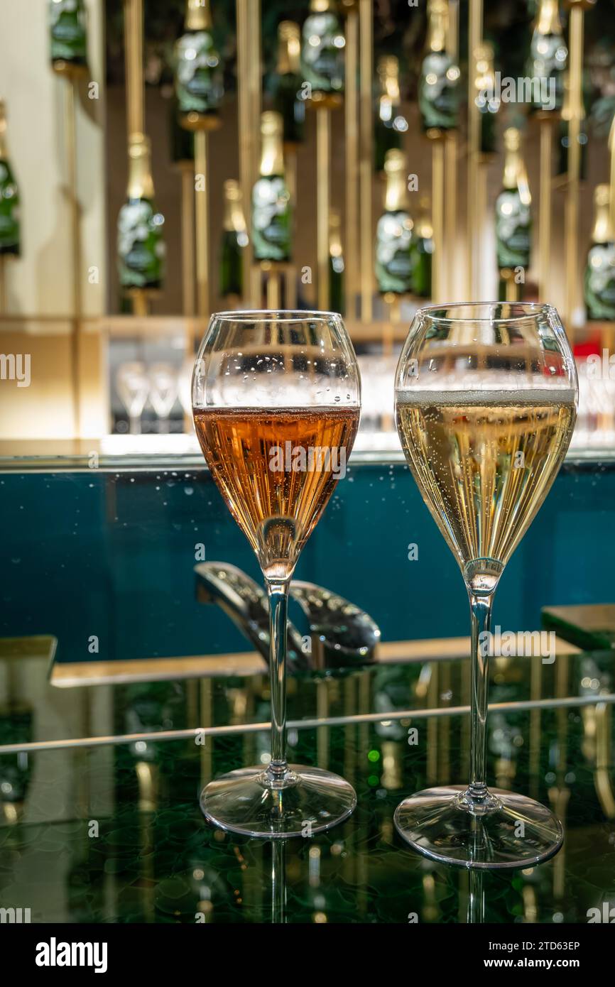 Glass with little bubbles, tasting of sparkling wine champagne on ...
