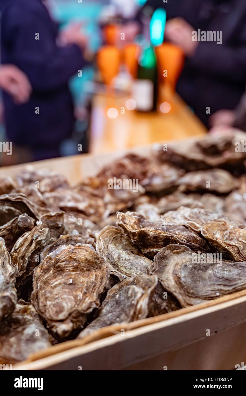 Catch of the day for sale on daily fish market, fresh oysters, Cancale ...