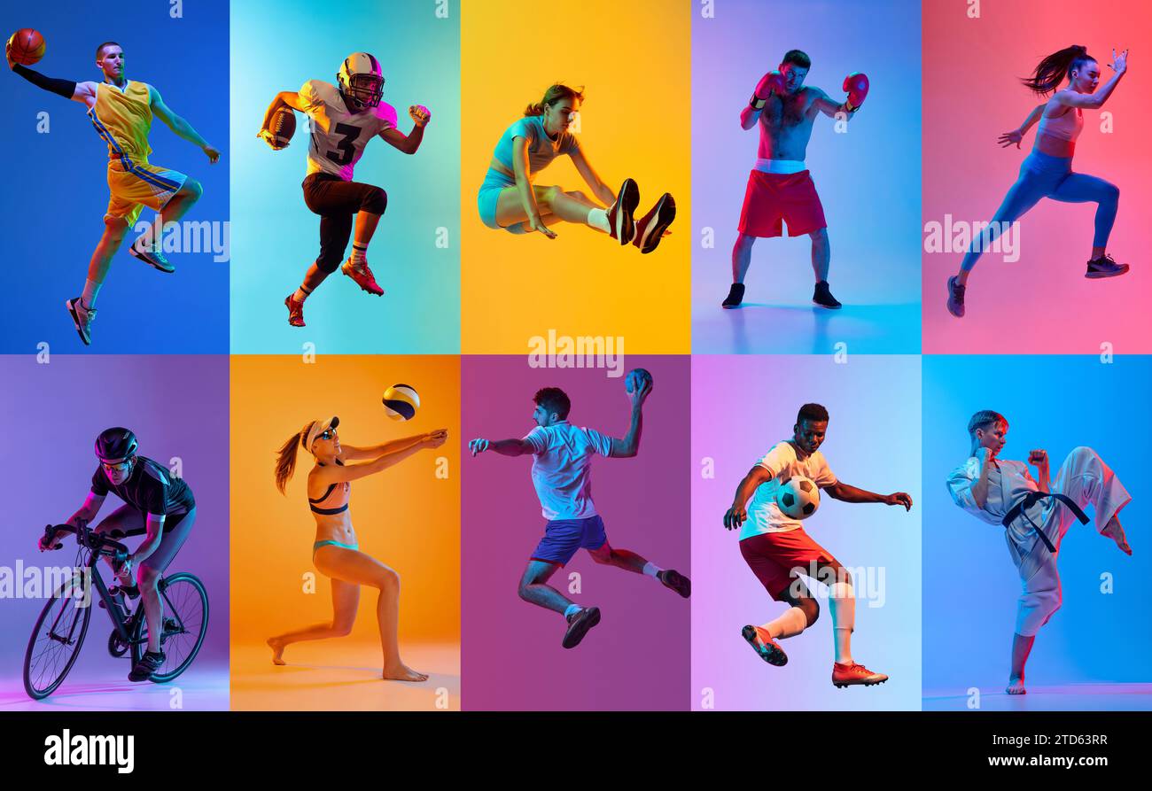 Collage. Dynamic image of different people, athletes of diverse kind of ...