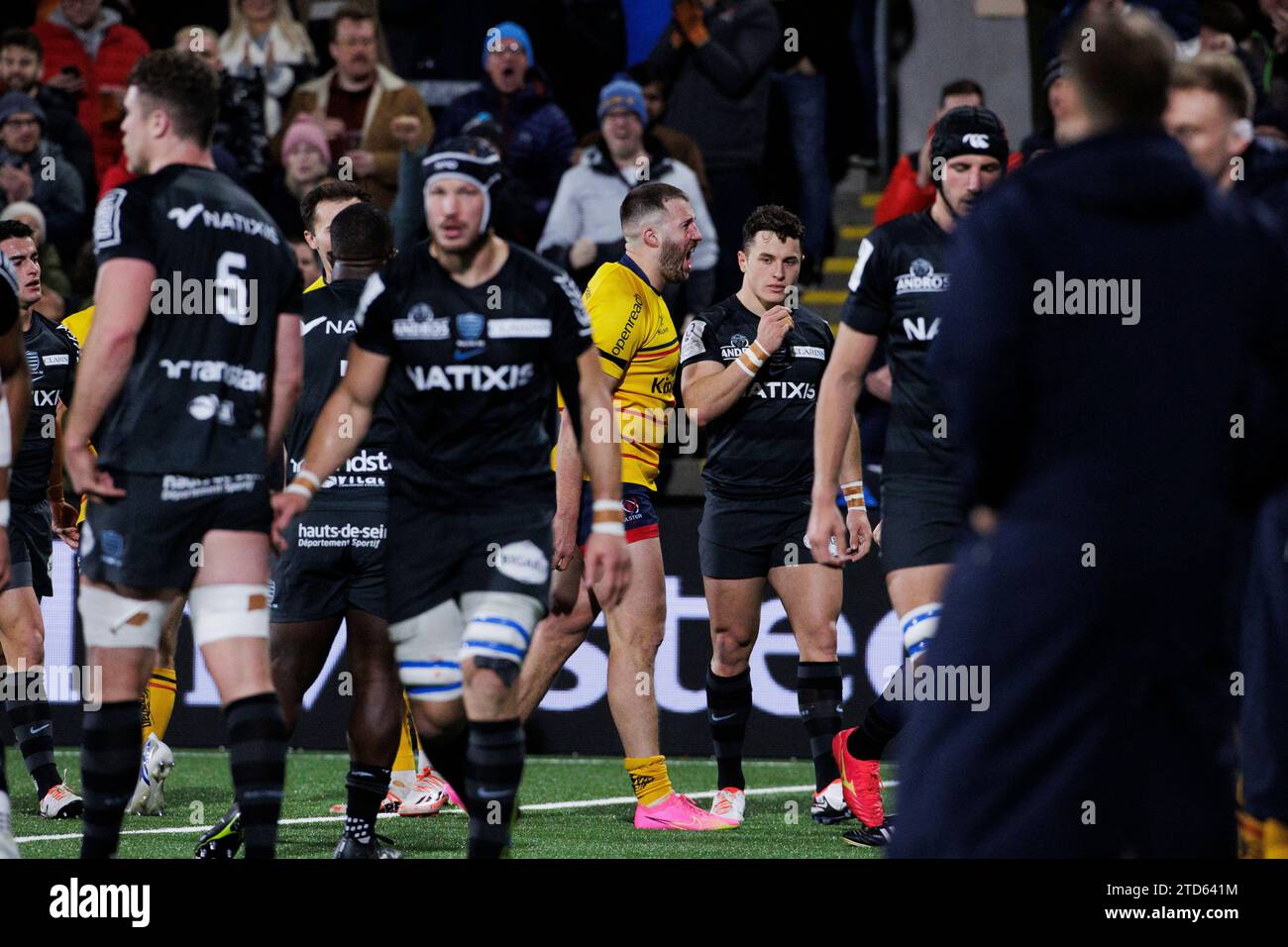 Ulster's Stuart McCloskey (centre) celebrates after scoring their side ...