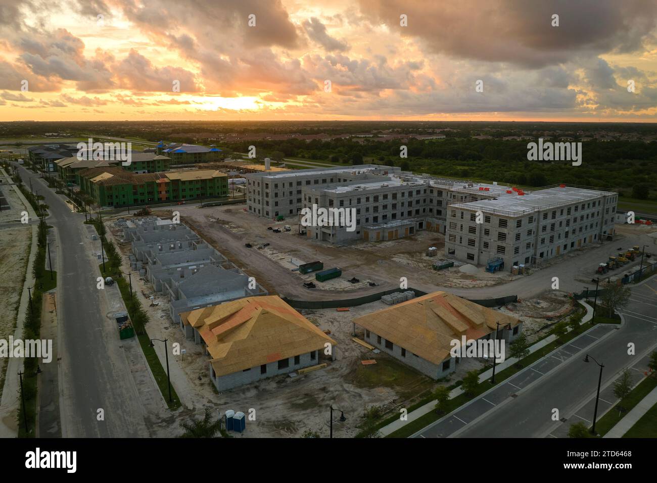Top view of apartment buildings under construction in new developing ...