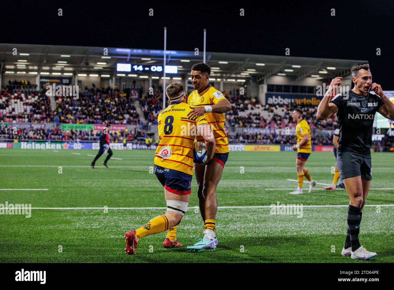 Ulster's Matty Rea (left) is congratulated by teammate Robert ...