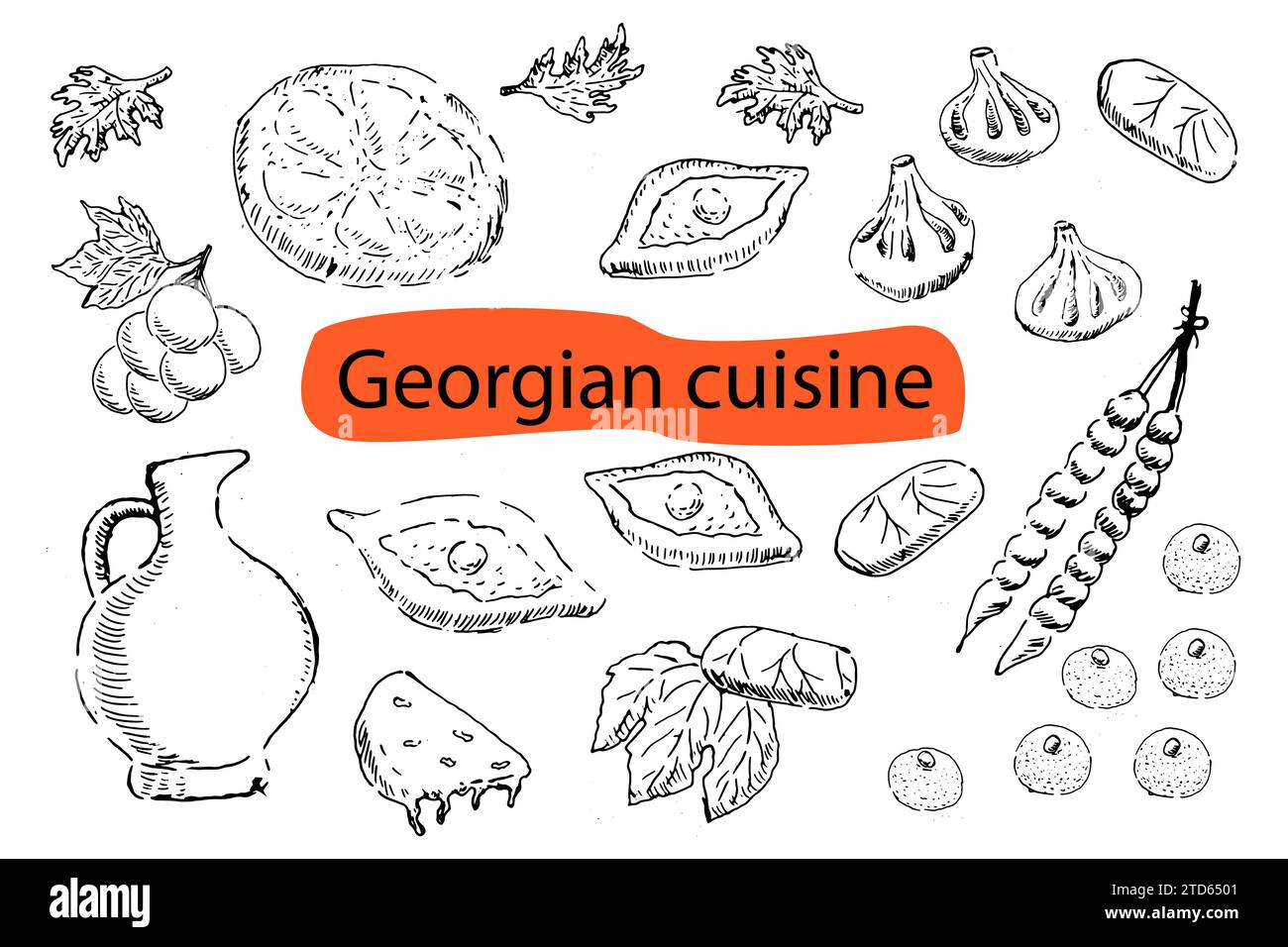 Set of georgian food elements in doodle outline. Vector illustration ...