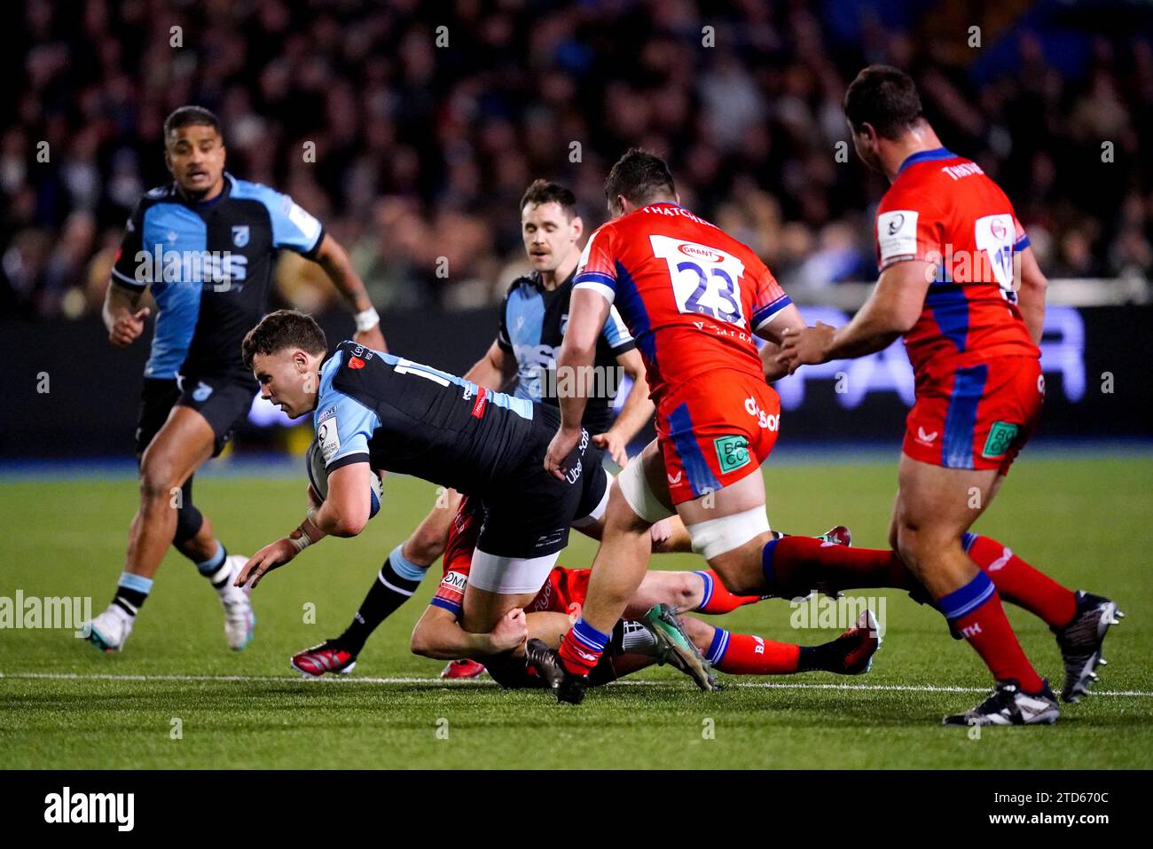 Cardiff Rugby's Mason Grady is tackled by Bath Rugby's Finn Russell ...