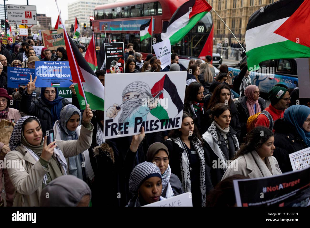Pro-Palestinian supporters seen holding Palestinian flags and placards ...