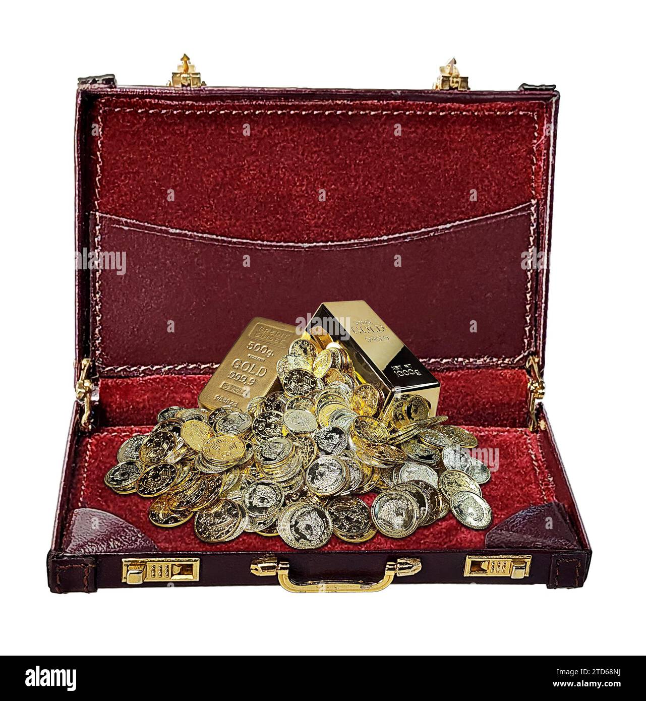 Open Leather briefcase filled full of gold Stock Photo - Alamy