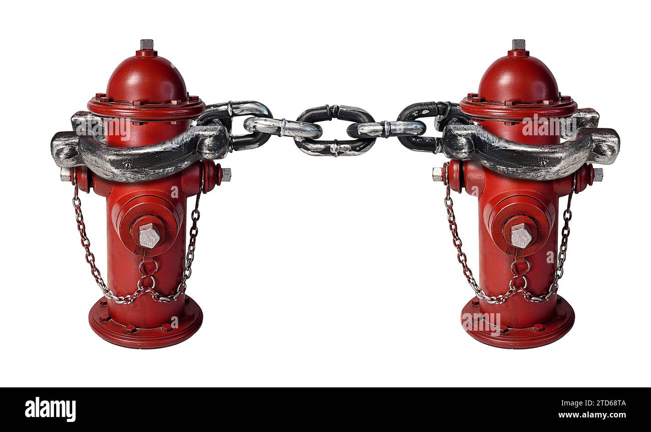 Red fire hydrants used by firemen shackled together Stock Photo - Alamy