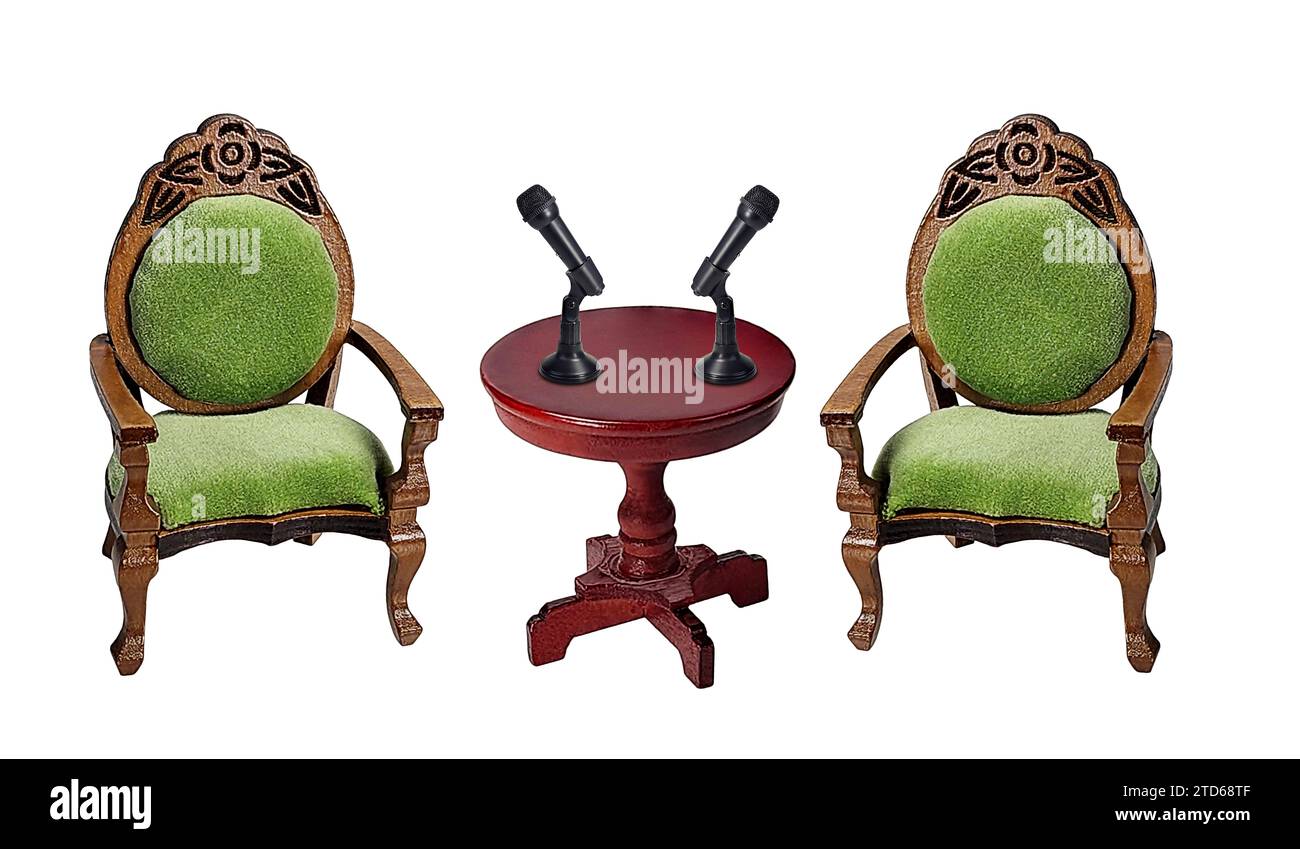 Podcast interview with microphone table and formal chairs Stock Photo ...