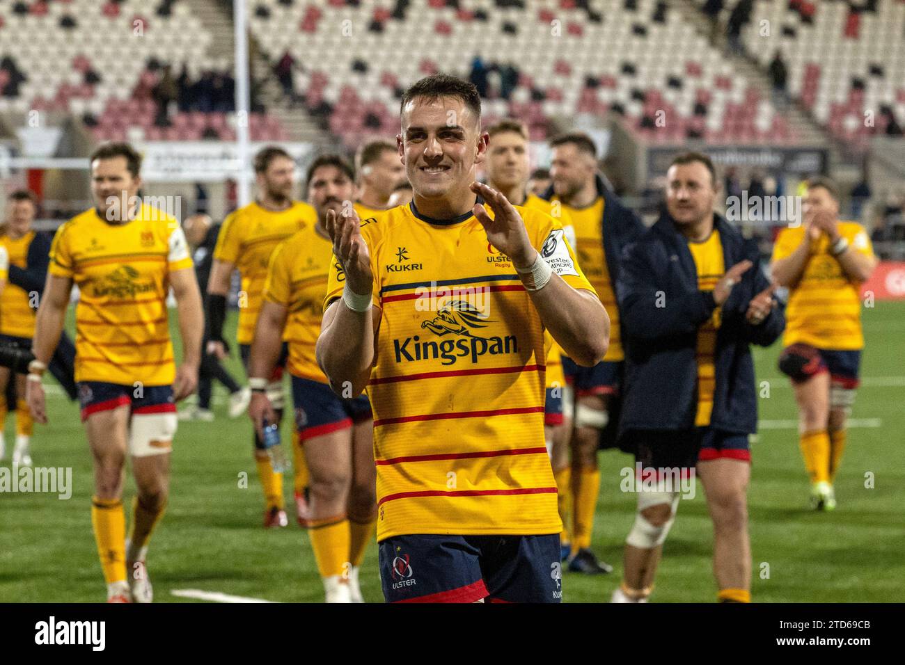 Ulster's James Hume (centre) leads the team at the end of the Investec ...
