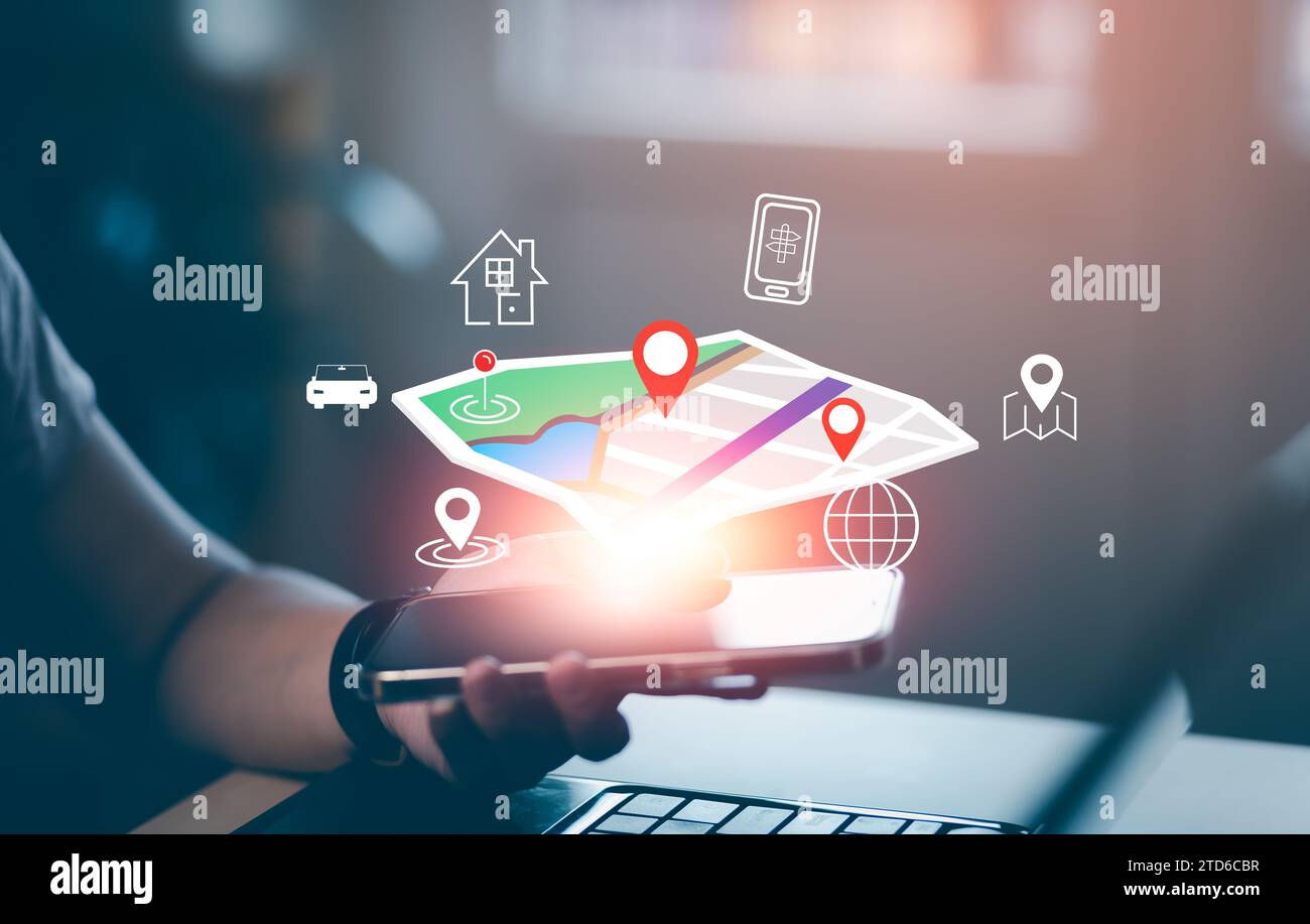 Hand hold smart phon and touch virtual world and model map with ...