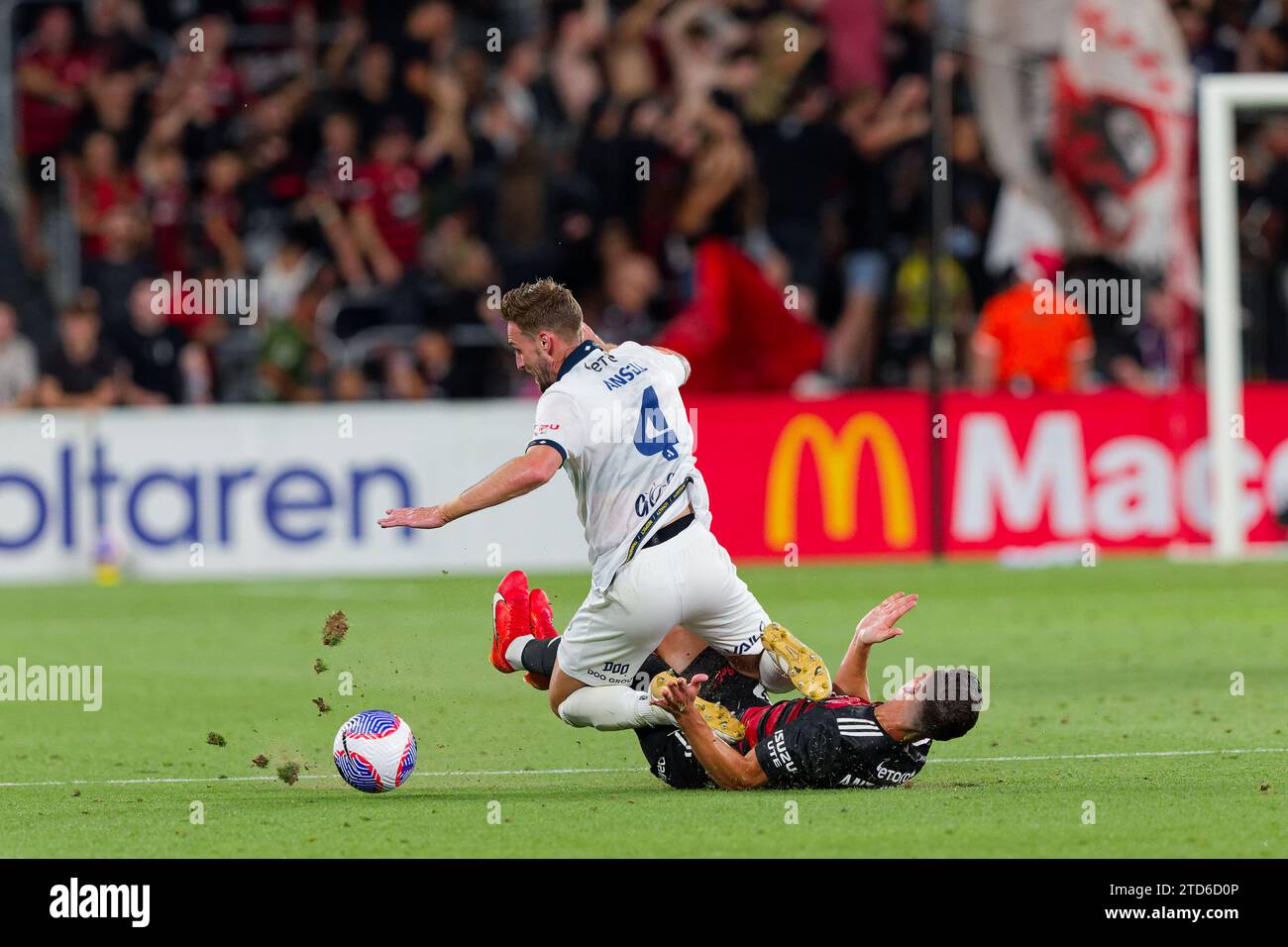 Marcus Antonsson of the Wanderers competes for the ball with Nicholas ...