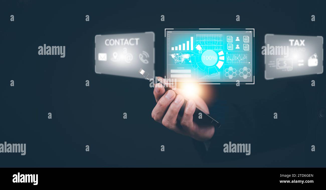 Businessman hand touch smartphone with a hologram on his smartphone, communication network ...