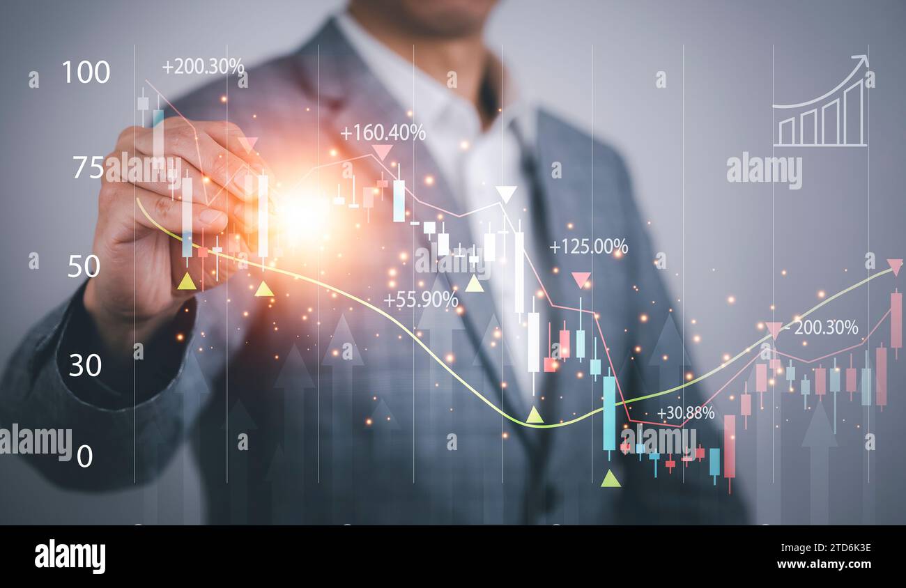 Businessman touchscreen line of Stock market or forex trading graph and ...