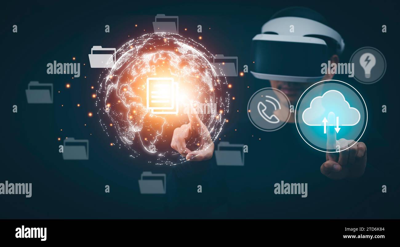 Man wearing VR glasses virtual Global Internet connection metaverse networking, sharing download ...
