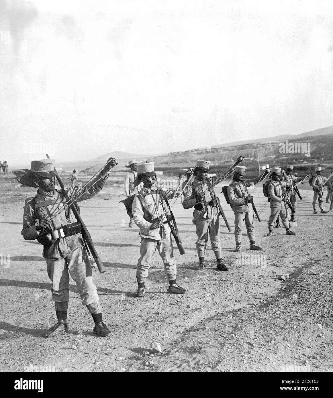 07/31/1909. The Slingers of the Chichana Battalion Exercising in the Throwing of Explosive Bombs ...