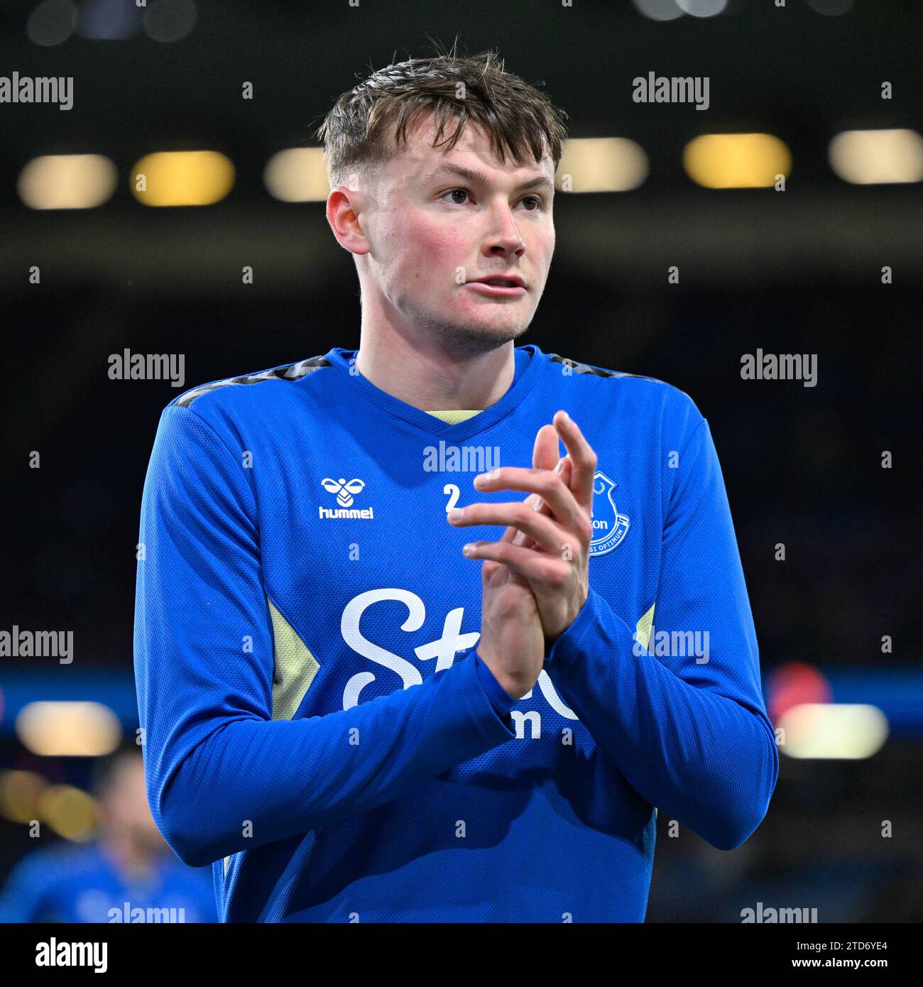 Nathan Patterson 2# of Everton Football Club claps fans as he warms up ...