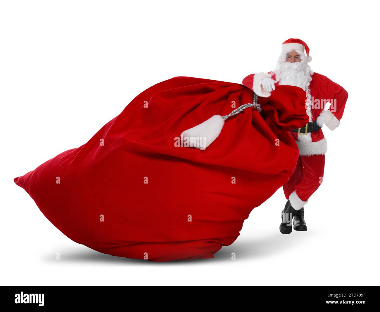 Santa Claus with big red bag full of Christmas presents on white ...