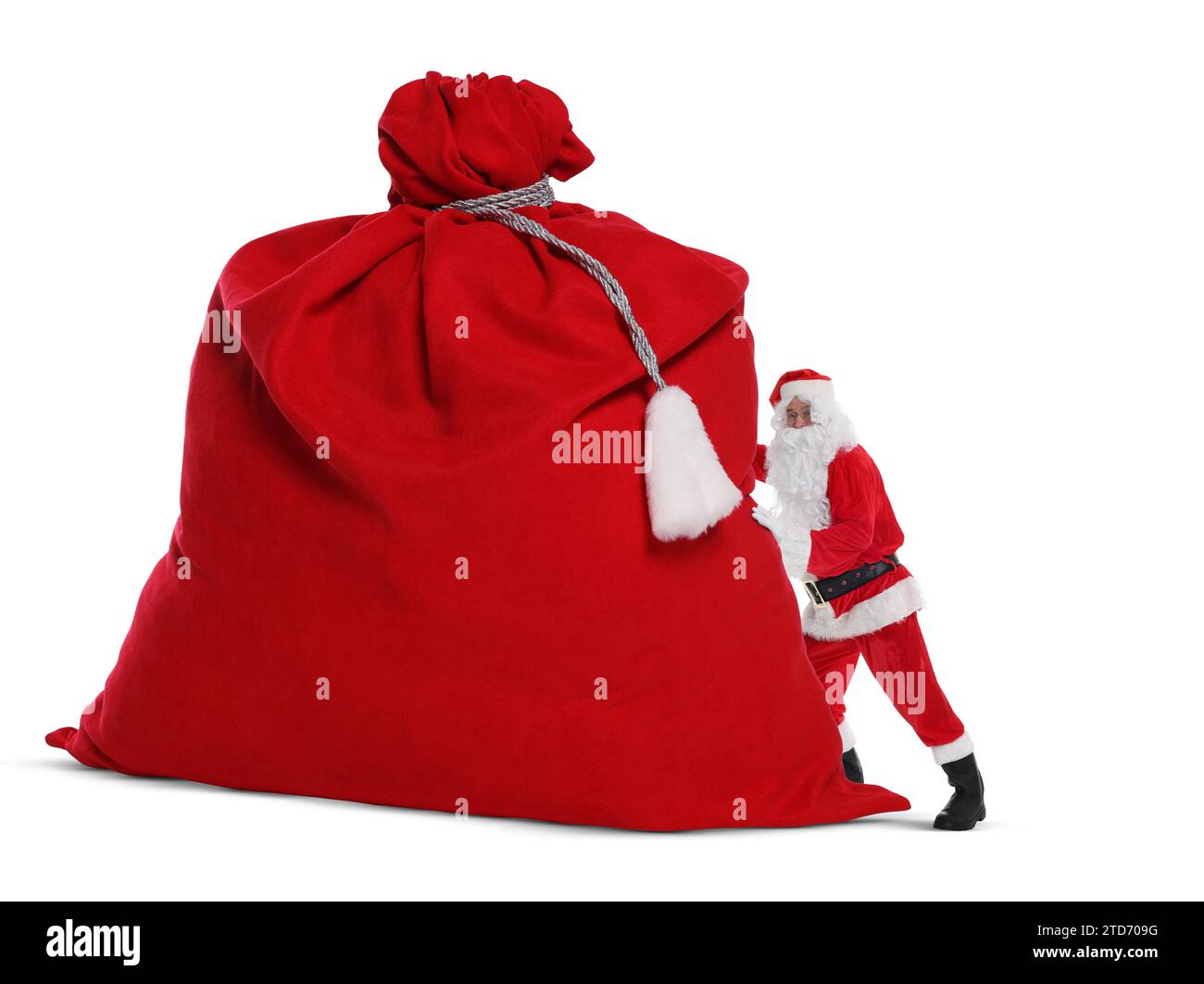Santa Claus with big red bag full of Christmas presents on white ...