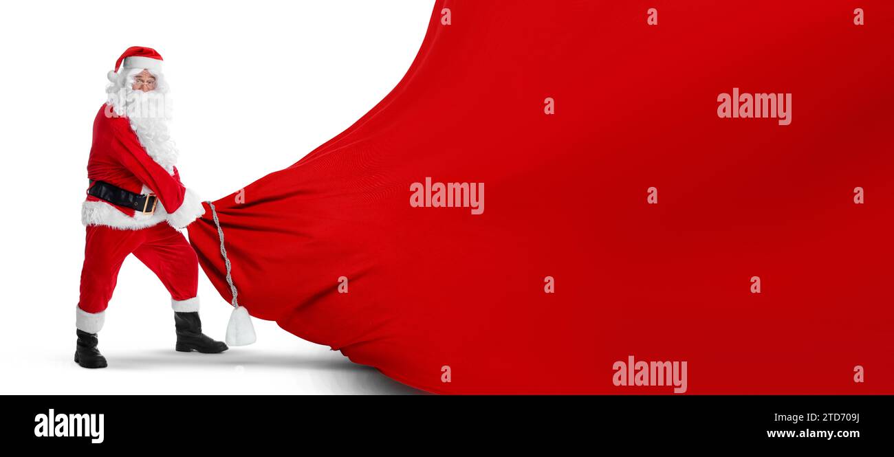 Santa Claus with big red bag full of Christmas presents on white ...