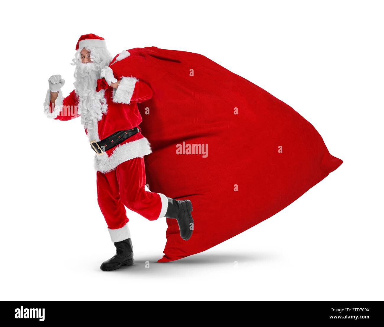 Santa Claus with big red bag full of Christmas presents on white ...