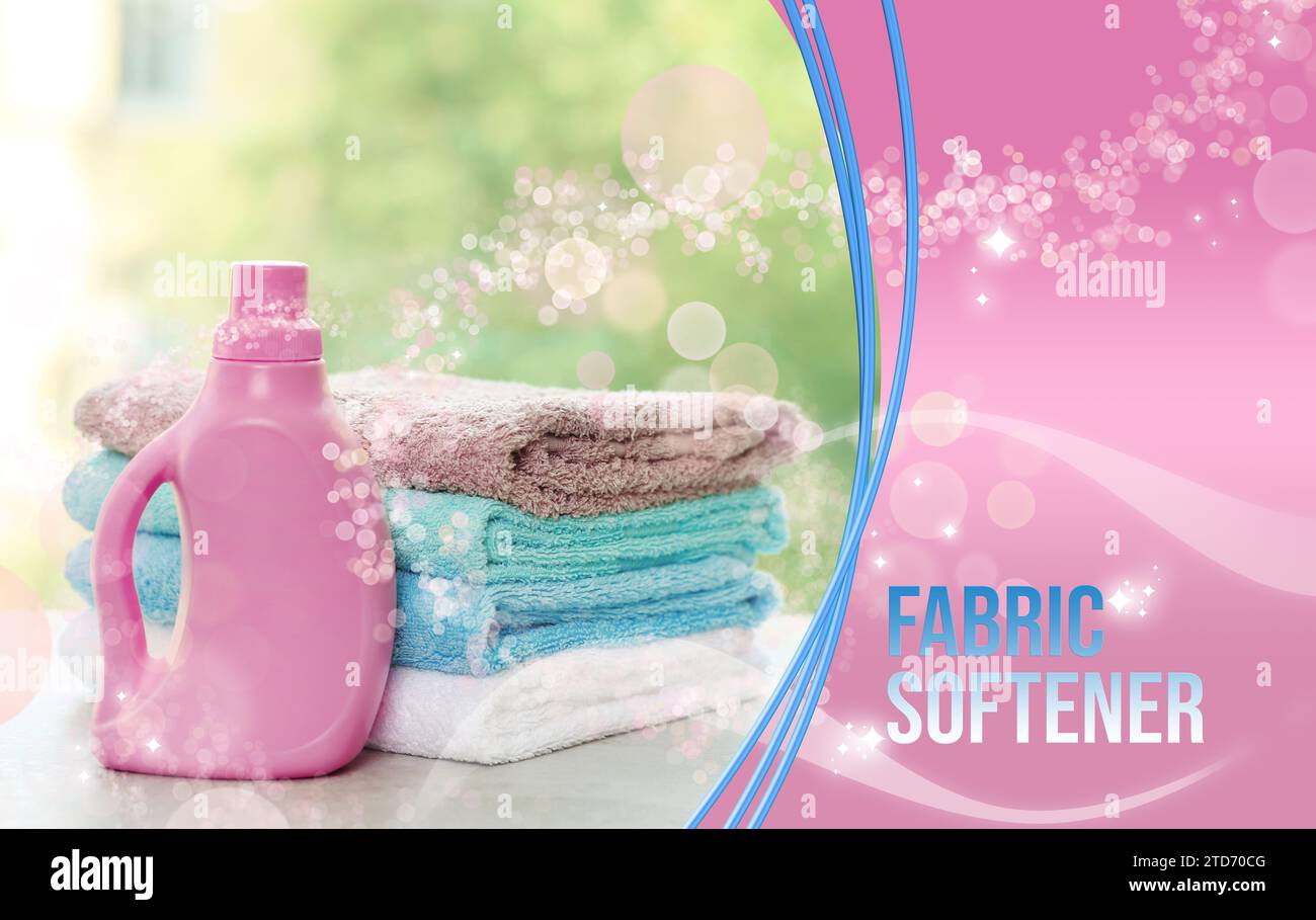 Fabric softener advertising design. Bottle of conditioner and soft ...